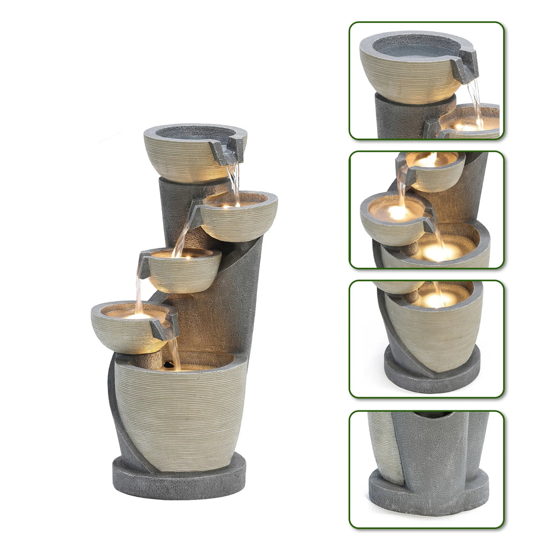 Gray Cascading Bowls and Column Resin Outdoor Fountain with LED Lights ...
