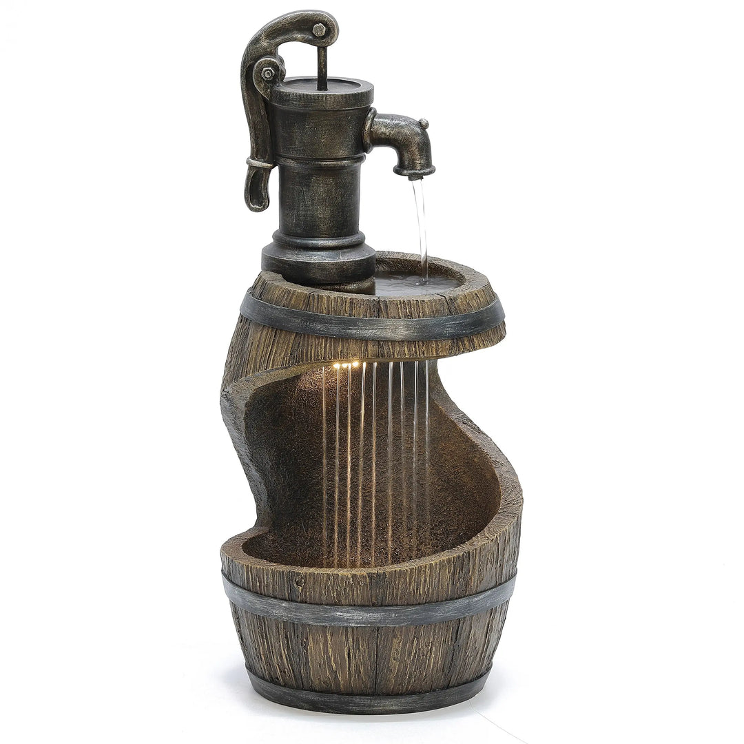 Farmhouse Spiral Barrel Rain Resin Outdoor Fountain with LED Lights ...
