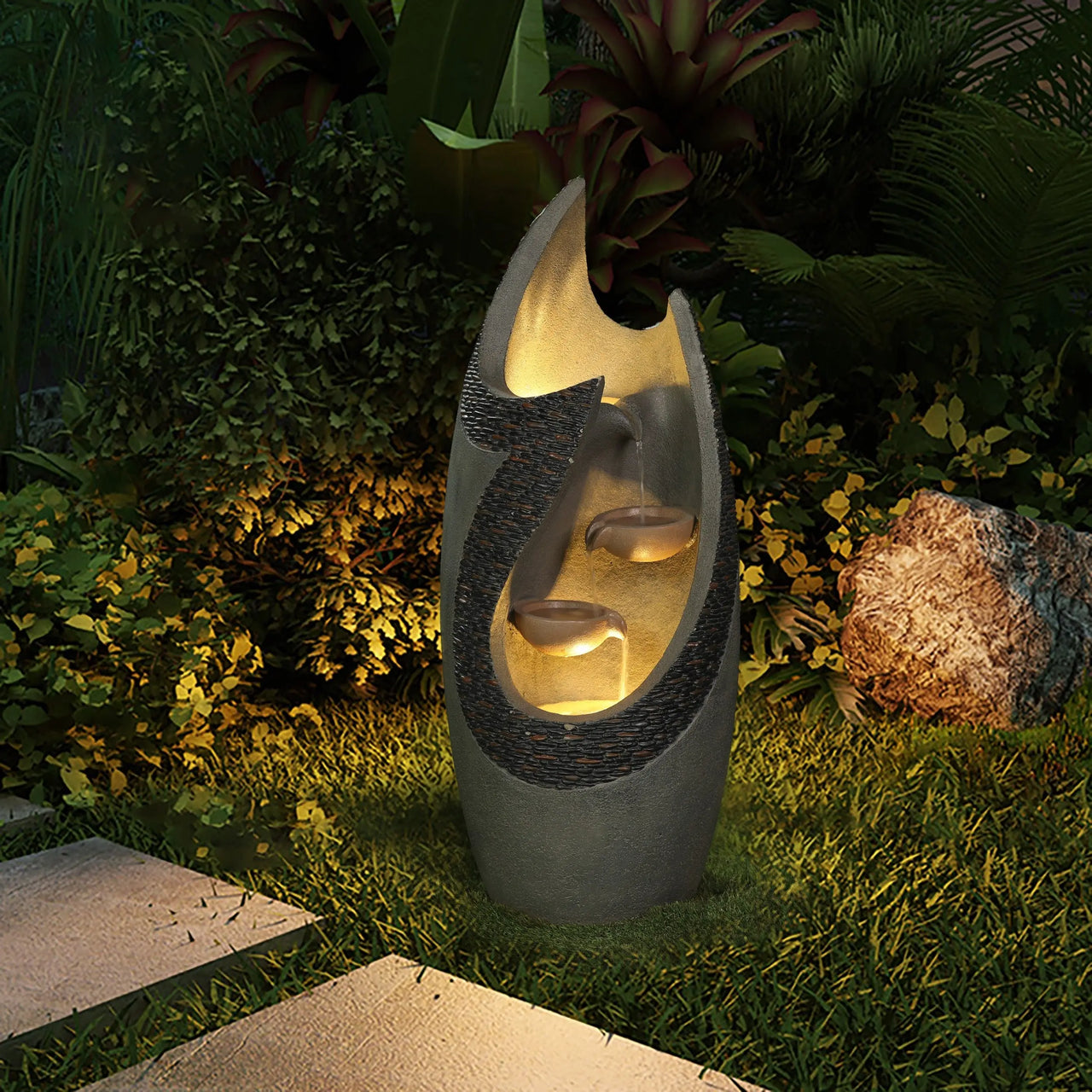 Resin Modern Tiered Patio Fountain with LED Lights – LuxenHome
