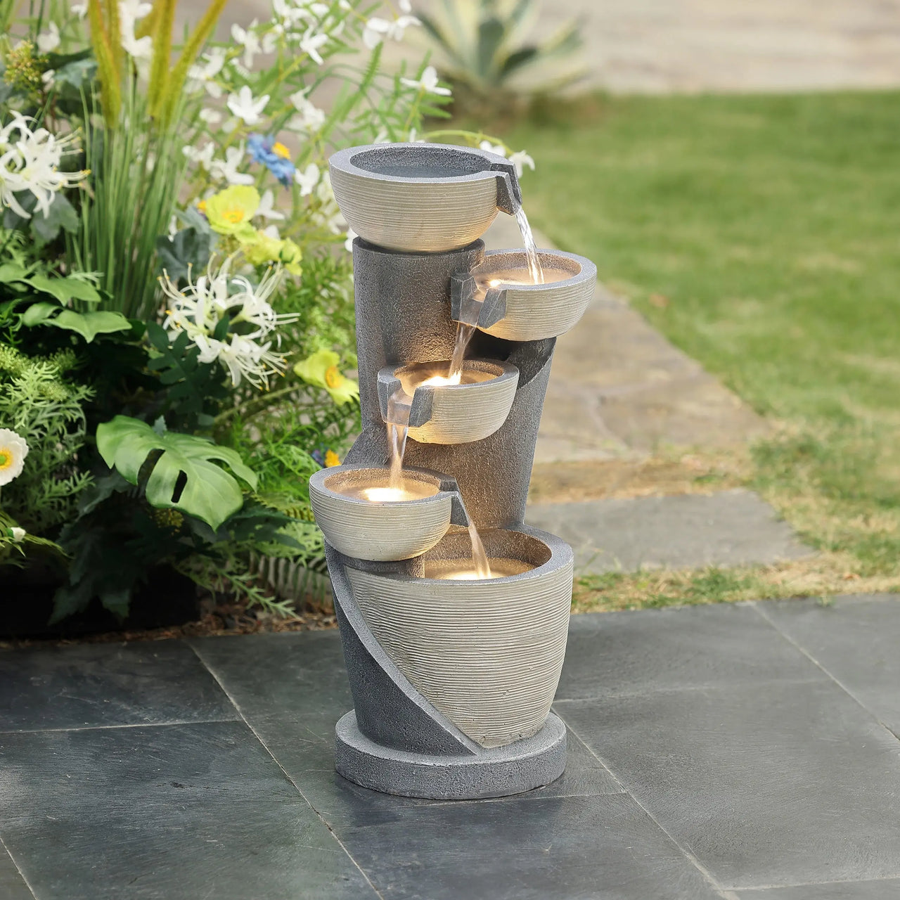 Gray Cascading Bowls and Column Resin Outdoor Fountain with LED Lights ...