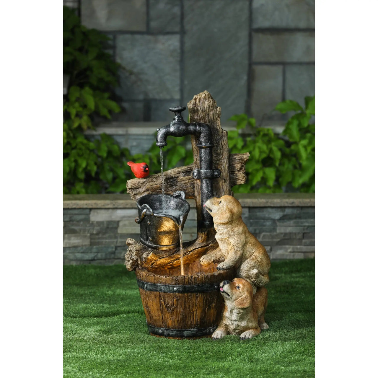 Resin Puppies and Water Pump Outdoor Patio Fountain with LED Light ...